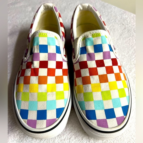 Vans | Shoes | Vans Slip On Rainbow Checkerboard Women 5 | Poshmark